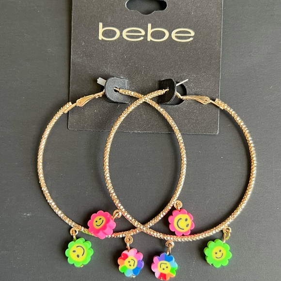 bebe | Jewelry | Smiley Face Bebe Gold Hoop Earrings With Smiley Face ...